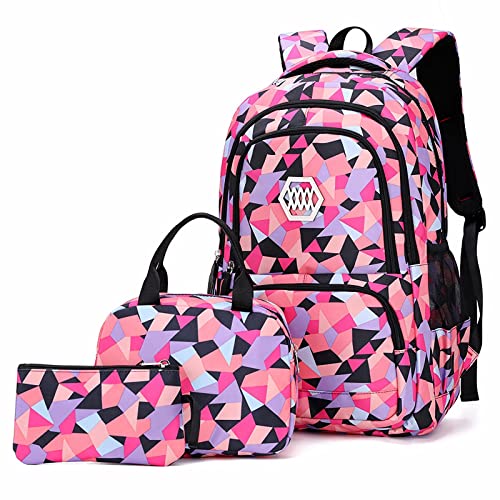 pdghiue Geometric Print 3-Piece Backpack Set Aesthetic (Backpack + Lunch Bag + Pencil Case) - High Density Nylon Fabric, Spacious, Eco-friendly