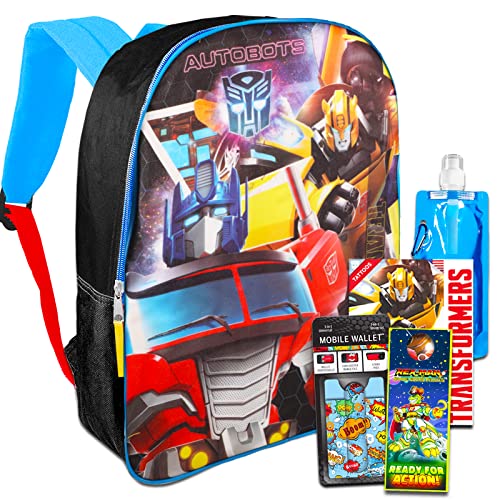 Transformers Backpack for Boys - Bundle with 15" Transformers Backpack, Water Bottle, Tattoos, Phone Wallet, More | Transformers School Bag for Kids