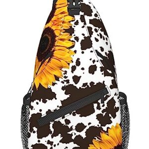 UTKHCYW Cow Print Sunflower Crossbody Sling Backpack, Brown Cow Print Bag Gifts Ideal, Single Shoulder Bag for Travel, Hiking, and Daily Use