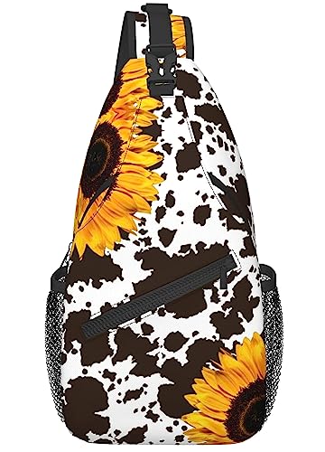 UTKHCYW Cow Print Sunflower Crossbody Sling Backpack, Brown Cow Print Bag Gifts Ideal, Single Shoulder Bag for Travel, Hiking, and Daily Use