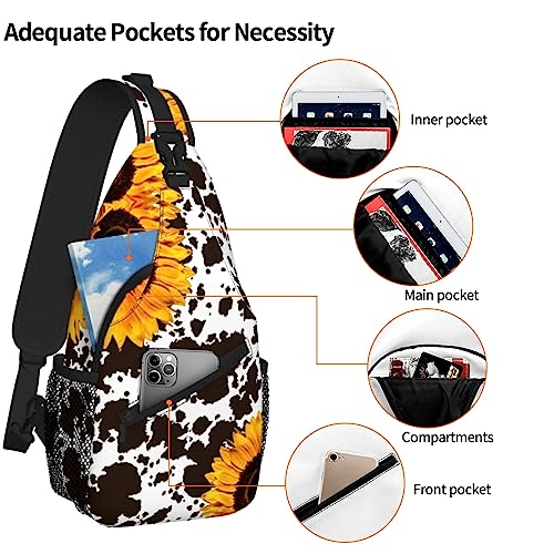 UTKHCYW Cow Print Sunflower Crossbody Sling Backpack, Brown Cow Print Bag Gifts Ideal, Single Shoulder Bag for Travel, Hiking, and Daily Use