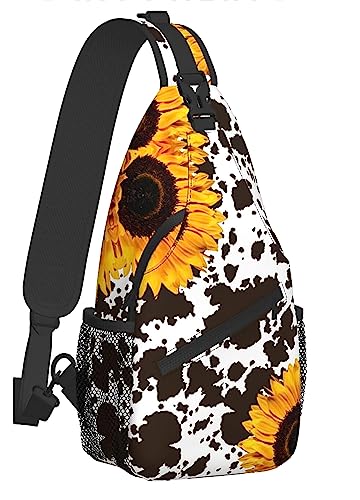 UTKHCYW Cow Print Sunflower Crossbody Sling Backpack, Brown Cow Print Bag Gifts Ideal, Single Shoulder Bag for Travel, Hiking, and Daily Use