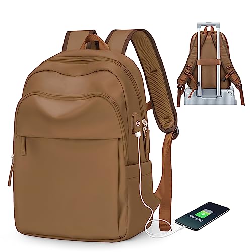 KEYEMP Large Travel Backpack Anti Theft Carry on Laptop Backpack with USB Charging Port Lightweight Water Resistant Aesthetic Casual Daypack College Backpack Work Bag for Women&Men,Champagne