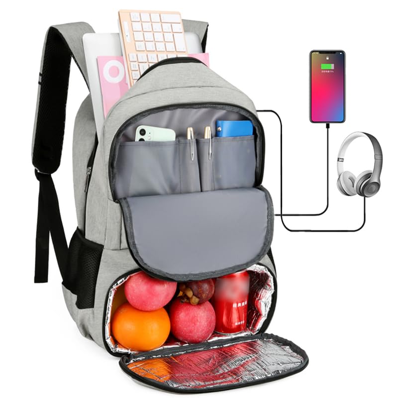 Lunch Backpack, Insulated Cooler Backpack Fits 15.6 Inch Laptop, Water-Resistant Backpack with USB Charging Port for Men, for Work Beach Camping Picnics Hiking,Light Grey