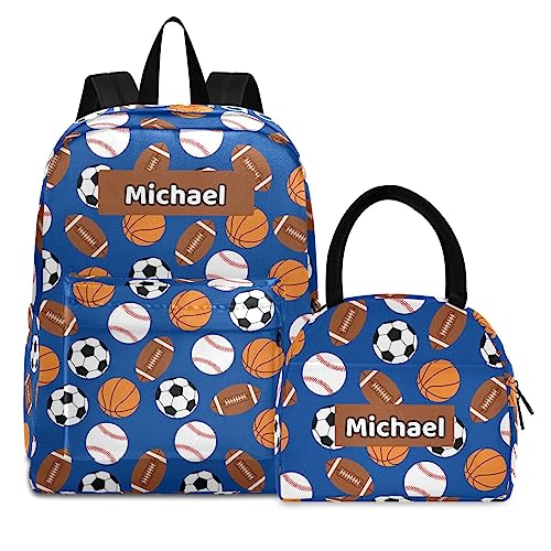 Vnurnrn Football Baseball Customized Kids Backpack Sets with Lunch Box Student School Bag Bookbag Set for Boys Girls Daypack for Traveling Laptop