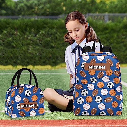 Vnurnrn Football Baseball Customized Kids Backpack Sets with Lunch Box Student School Bag Bookbag Set for Boys Girls Daypack for Traveling Laptop