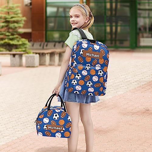 Vnurnrn Football Baseball Customized Kids Backpack Sets with Lunch Box Student School Bag Bookbag Set for Boys Girls Daypack for Traveling Laptop