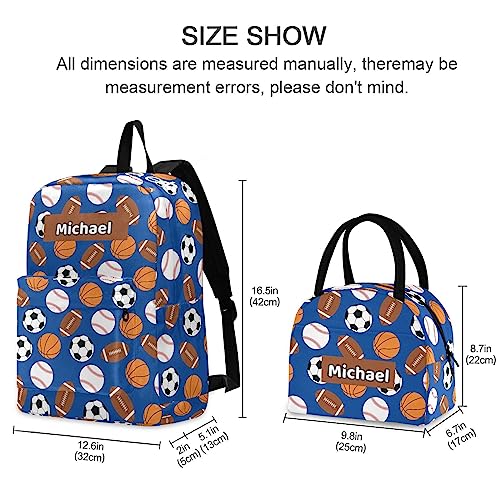 Vnurnrn Football Baseball Customized Kids Backpack Sets with Lunch Box Student School Bag Bookbag Set for Boys Girls Daypack for Traveling Laptop