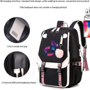 RUILIHIAO Teenage USB Port Backpack Black Pink Plush Ball Pendant School bag Outdoor Travel Daypack Bookbag (Pattern 1)