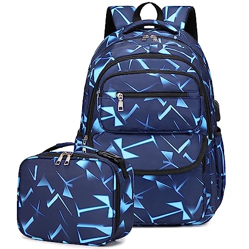 Bevalsa Backpack for Boys, School Bags for Kids, Bookbag for Boys Girls Children Teens Backpacks for Elementary Middle High school Student, Bookbag and Lunch Bag Set with USB Charging Port (Geometry)