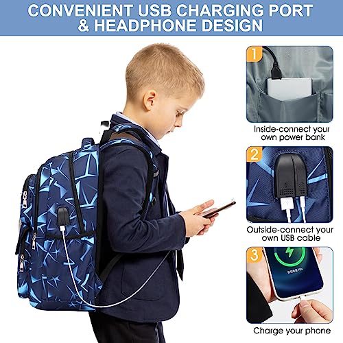 Bevalsa Backpack for Boys, School Bags for Kids, Bookbag for Boys Girls Children Teens Backpacks for Elementary Middle High school Student, Bookbag and Lunch Bag Set with USB Charging Port (Geometry)