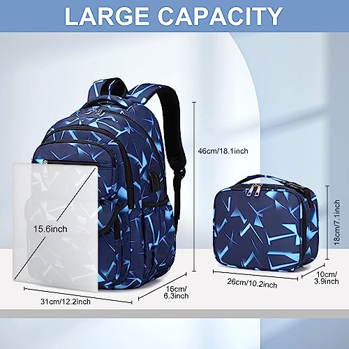 Bevalsa Backpack for Boys, School Bags for Kids, Bookbag for Boys Girls Children Teens Backpacks for Elementary Middle High school Student, Bookbag and Lunch Bag Set with USB Charging Port (Geometry)