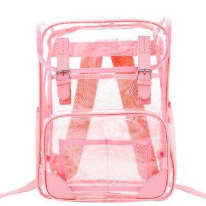 iuulob clear backpack heavy duty pvc transparent backpack with leather trim large capacity backpacks for school (pink)