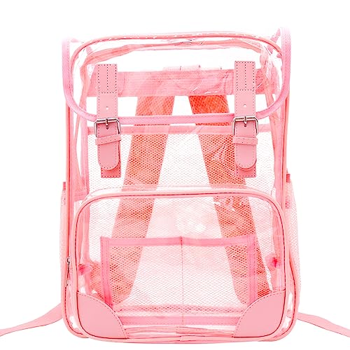 IUULOB Clear Backpack Heavy Duty PVC Transparent Backpack with Leather Trim Large Capacity Backpacks for School (Pink)