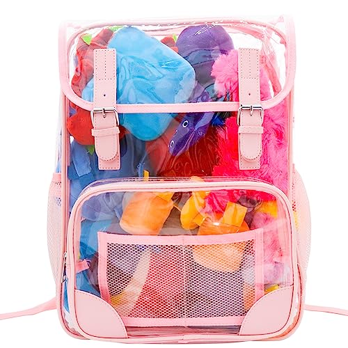 IUULOB Clear Backpack Heavy Duty PVC Transparent Backpack with Leather Trim Large Capacity Backpacks for School (Pink)