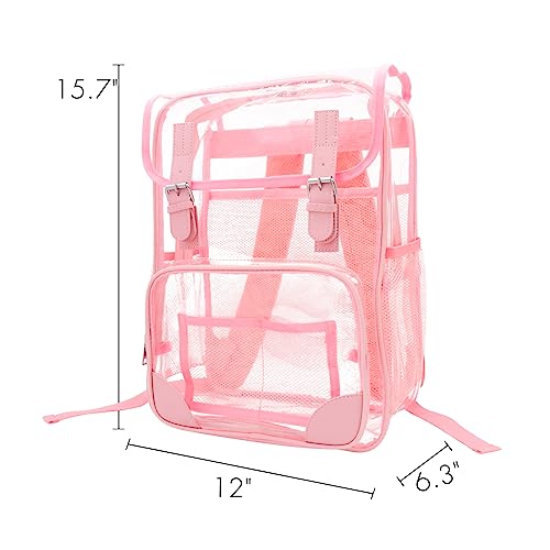 IUULOB Clear Backpack Heavy Duty PVC Transparent Backpack with Leather Trim Large Capacity Backpacks for School (Pink)