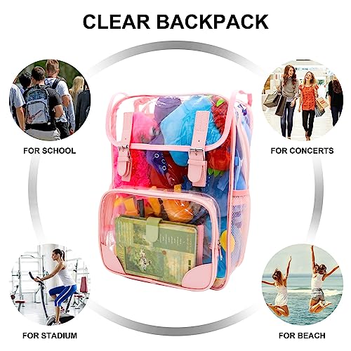 IUULOB Clear Backpack Heavy Duty PVC Transparent Backpack with Leather Trim Large Capacity Backpacks for School (Pink)