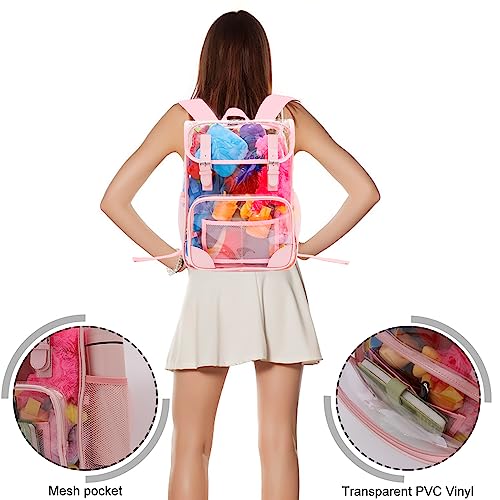 IUULOB Clear Backpack Heavy Duty PVC Transparent Backpack with Leather Trim Large Capacity Backpacks for School (Pink)