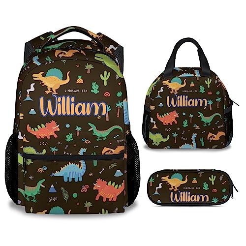 Custom Dinosaur Backpack with Lunch Box for Boys Girls, Personalized Set of 3 School Backpacks Matching Combo, Cute Colorful Bookbag and Pencil Case Bundle