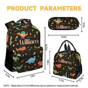 Custom Dinosaur Backpack with Lunch Box for Boys Girls, Personalized Set of 3 School Backpacks Matching Combo, Cute Colorful Bookbag and Pencil Case Bundle