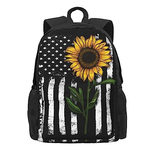 JASMODER Sunflower And American Flag Laptop Backpack Hiking Travel Daypack For Men Women And Youth