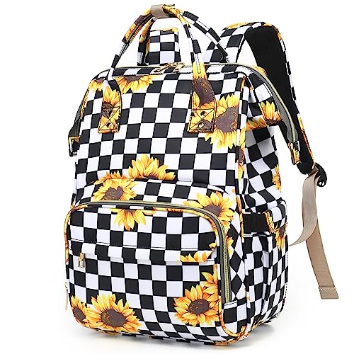 Yusudan Checkered Sunflower Lunch Backpack for Women, Insulated Cooler Work Business Laptop Backpacks Girls School Backpack College Bookbags