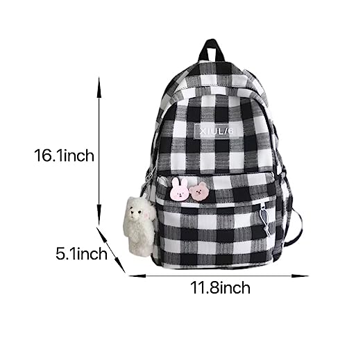 MININAI Plaid Backpack with Kawaii Pins and Pendant Cute Korean Preppy Aesthetic Book Bag Casual Daypack Fit 15.6 Inch Laptop (One Size,Black)