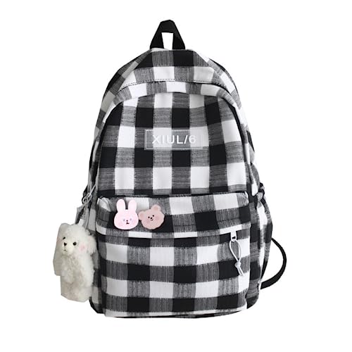 MININAI Plaid Backpack with Kawaii Pins and Pendant Cute Korean Preppy Aesthetic Book Bag Casual Daypack Fit 15.6 Inch Laptop (One Size,Black)