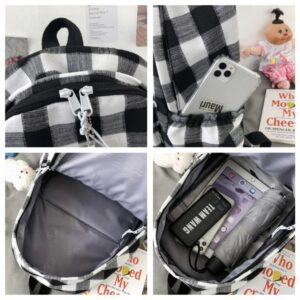 MININAI Plaid Backpack with Kawaii Pins and Pendant Cute Korean Preppy Aesthetic Book Bag Casual Daypack Fit 15.6 Inch Laptop (One Size,Black)