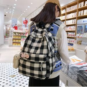 MININAI Plaid Backpack with Kawaii Pins and Pendant Cute Korean Preppy Aesthetic Book Bag Casual Daypack Fit 15.6 Inch Laptop (One Size,Black)