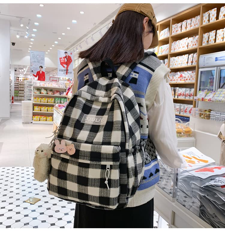 MININAI Plaid Backpack with Kawaii Pins and Pendant Cute Korean Preppy Aesthetic Book Bag Casual Daypack Fit 15.6 Inch Laptop (One Size,Black)