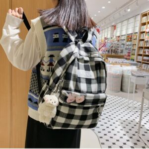 MININAI Plaid Backpack with Kawaii Pins and Pendant Cute Korean Preppy Aesthetic Book Bag Casual Daypack Fit 15.6 Inch Laptop (One Size,Black)