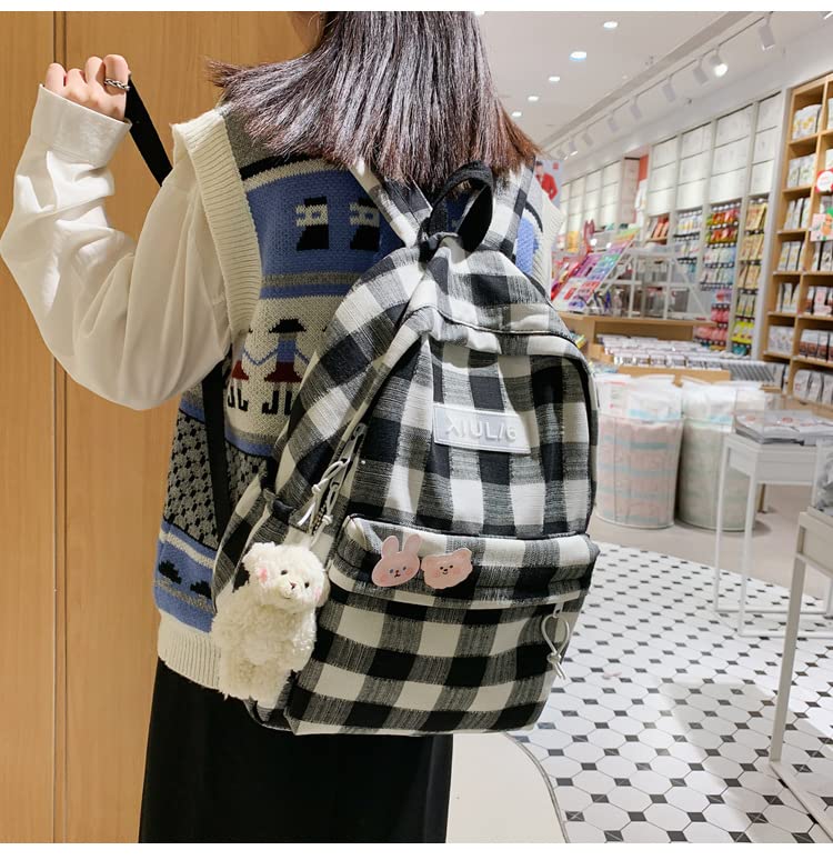 MININAI Plaid Backpack with Kawaii Pins and Pendant Cute Korean Preppy Aesthetic Book Bag Casual Daypack Fit 15.6 Inch Laptop (One Size,Black)