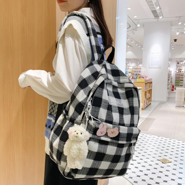 MININAI Plaid Backpack with Kawaii Pins and Pendant Cute Korean Preppy Aesthetic Book Bag Casual Daypack Fit 15.6 Inch Laptop (One Size,Black)