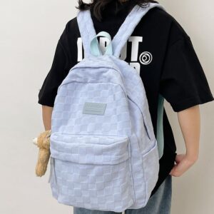 MININAI Aesthetic Checkered Backpack Light Academia Plaid Backpack Cute Preppy Backpack Fit 15.6 Inch Laptop Light Rucksack (Blue,One Size)