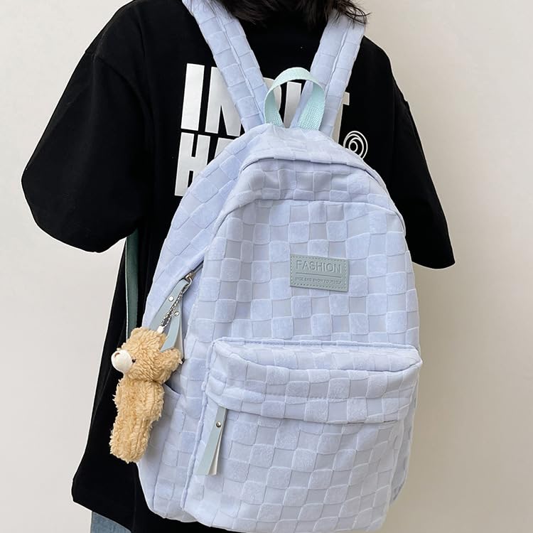 MININAI Aesthetic Checkered Backpack Light Academia Plaid Backpack Cute Preppy Backpack Fit 15.6 Inch Laptop Light Rucksack (Blue,One Size)