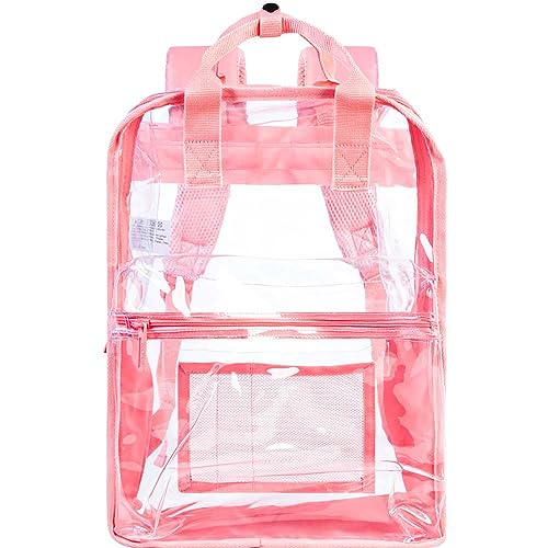 FTJCF Pink Clear Backpack, Stadium Approved Transparent Bookbag for Women, Heavy Duty PVC See Through Backpack - Light Pink