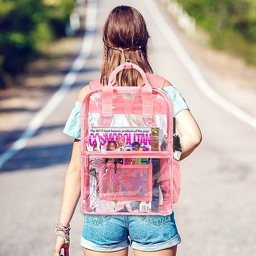 FTJCF Pink Clear Backpack, Stadium Approved Transparent Bookbag for Women, Heavy Duty PVC See Through Backpack - Light Pink