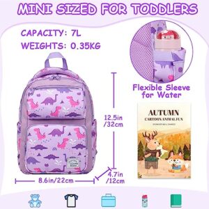 VASCHY Toddler Backpack for Girls, Kids Cute Kindergarten Daycare Children 7L Small Backpack Bookbag for School Travel Lilac Dinosaurs