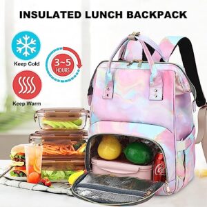 Marble Insulated Lunch Laptop Backpack Backpack for Women, Girls School Backpack College Bookbags Picnic Cooler Backpack (Pink)