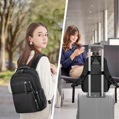 AUGUST 18 Casual Laptop Backpack - Nylon Water Resistant Daypack Backpacks with Breathable Shoulder Straps and Luggage Belt for Women Men Travel Work Commute, 25L(Black)