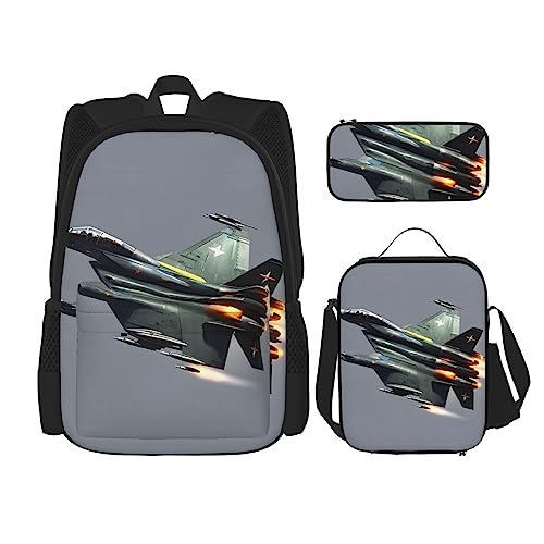 OdDdot 3Pcs Backpack Sets, Print Jet fighter Backpack with Lunch Box And Pencil Case, Large Capacity Backpack Bookbag