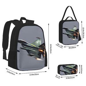 OdDdot 3Pcs Backpack Sets, Print Jet fighter Backpack with Lunch Box And Pencil Case, Large Capacity Backpack Bookbag