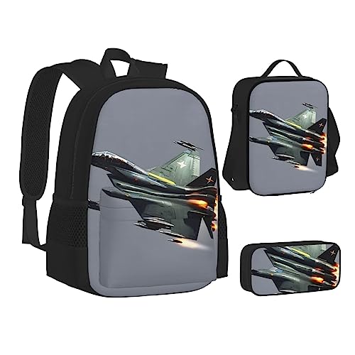 OdDdot 3Pcs Backpack Sets, Print Jet fighter Backpack with Lunch Box And Pencil Case, Large Capacity Backpack Bookbag