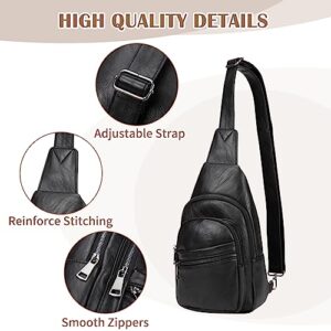 RAVUO Sling Bag, PU Leather Crossbody Backpack for Women Men Casual Hiking Daypack Multipurpose Chest Bag for Work College Black