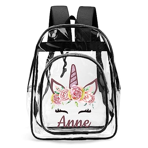 Personalized Unicorn Clear Backpack for Girls With Name, Transparent Heavy Duty Backpack With Reinforcing Straps For School Sports Workplace, Custom Waterproof Clear Book Bag, Back to School Gift