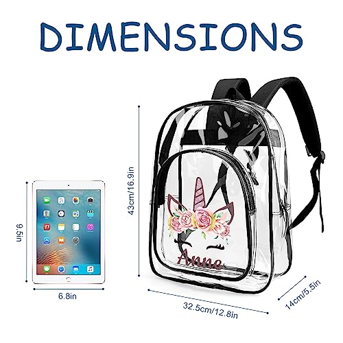 Personalized Unicorn Clear Backpack for Girls With Name, Transparent Heavy Duty Backpack With Reinforcing Straps For School Sports Workplace, Custom Waterproof Clear Book Bag, Back to School Gift