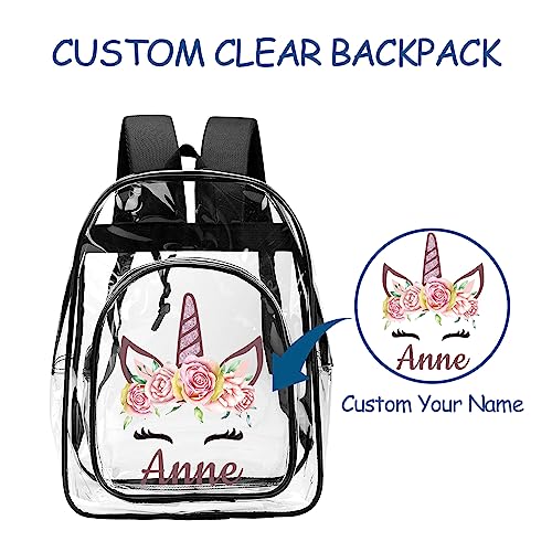 Personalized Unicorn Clear Backpack for Girls With Name, Transparent Heavy Duty Backpack With Reinforcing Straps For School Sports Workplace, Custom Waterproof Clear Book Bag, Back to School Gift