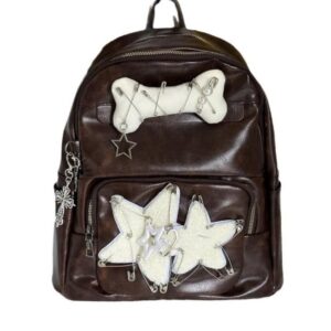 Hopecn Y2K Backpack With Accessories Star Aesthetic PU Goth Bookbag 90s Vintage Fashion Grunge Travel Daypack. (Star1-Brown1)