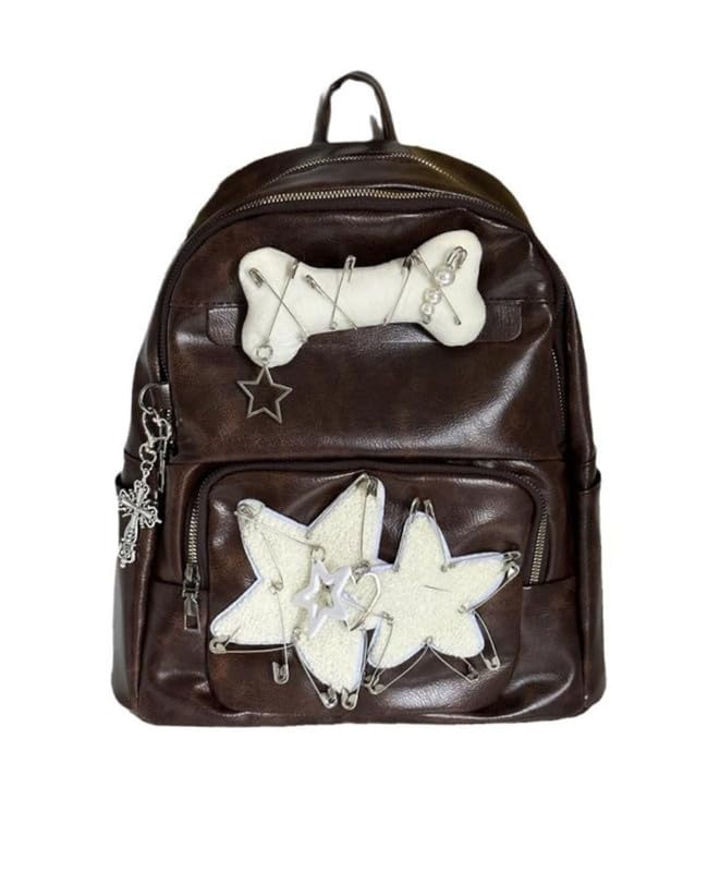 Hopecn Y2K Backpack With Accessories Star Aesthetic PU Goth Bookbag 90s Vintage Fashion Grunge Travel Daypack. (Star1-Brown1)